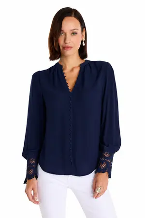 THE NOLI SHOP Blake Lace Sleeve Blouse - Navy