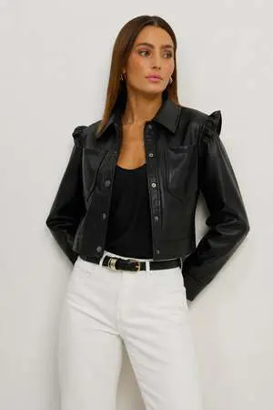 THE NOLI SHOP Chantal Ruffle Sleeve Faux Leather Jacket - Black