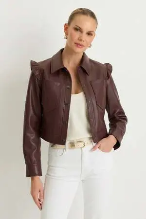 THE NOLI SHOP Chantal Ruffle Sleeve Faux Leather Jacket - Espresso