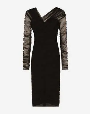 Dolce & Gabbana Draped Midi Dress In Cotton Tulle - Black