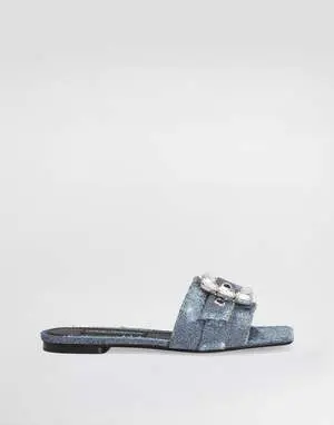 Dolce & Gabbana Patchwork Denim Slides With Rhinestone Buckle - Blue