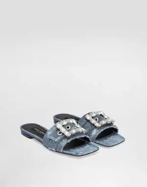 Dolce & Gabbana Patchwork Denim Slides With Rhinestone Buckle