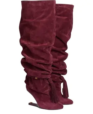 Balmain No Wedge Suede Leather Thigh-high Boots With Tassel - Red