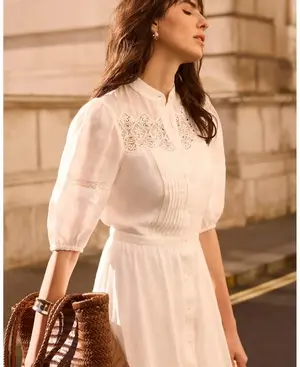 Mint Velvet Ramie Puff Sleeve Midi Dress With Lace Inserts
