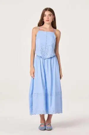Astr The Label Shelly Linen Midi Skirt With Eyelet Hem - Blue
