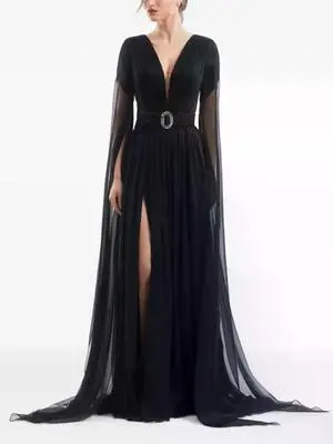 IMROSKA Crystal-buckle Cape-sleeve Maxi Dress - Black