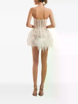 IMROSKA Feather-trimmed Floral Appliqué Mini Dress