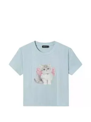 TOUT A COUP Ribbed T-shirt With Cat Print - Blue