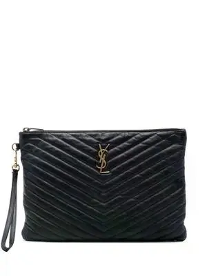 Saint Laurent 2015 Chevron Calfskin Monogram Zip Pouch Clutch Bag - Black