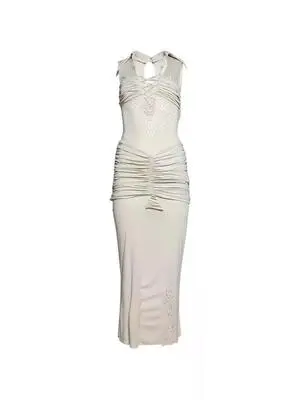 DI PETSA Beige Ruched Perforated Lace-up Sleeveless Dress