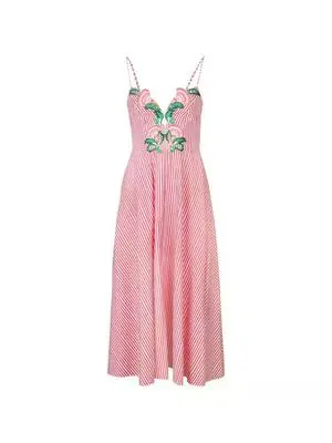 Saloni Jana B Striped Floral Embroidered Midi Dress - Red