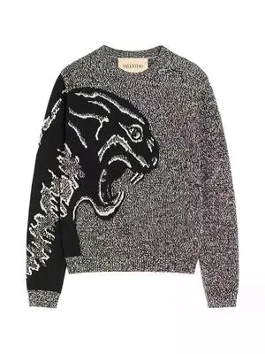 Valentino Garavani Panther Jacquard Wool And Cotton Sweater - Grey
