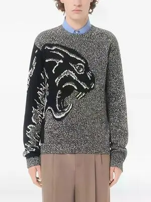 Valentino Garavani Panther Jacquard Wool And Cotton Sweater - Grey