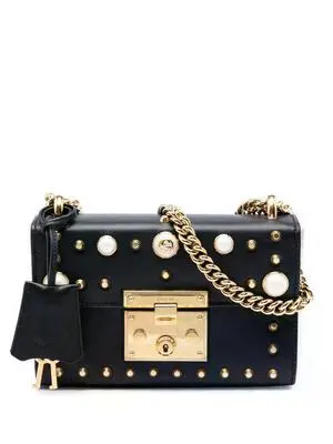 Gucci Small Pearl Studded Leather Padlock Crossbody Bag - Black