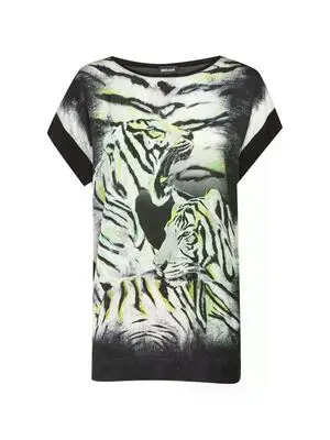 Just Cavalli Tiger-print Knit T-shirt With Satin Front Panel - Black