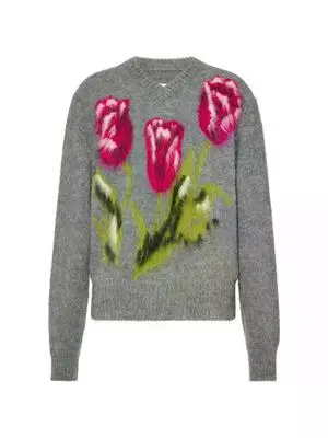 MAISON MARGIELA Floral Intarsia V-neck Sweater - Grey