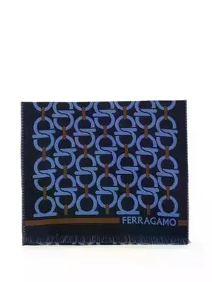 FERRAGAMO Gancini-pattern Fringed Scarf - Blue