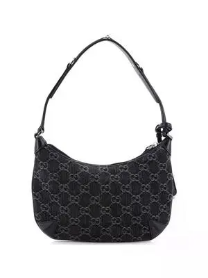 Gucci Horsebit Slim Gg Denim Shoulder Bag With Leather Accents - Black