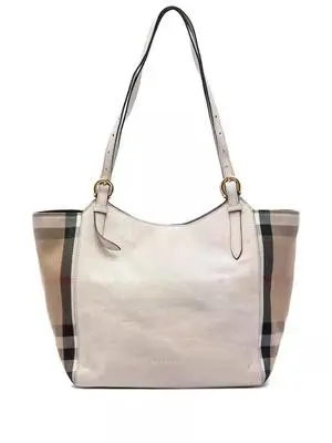Burberry Small Leather And House Check Canvas Canterbury Tote Bag - White