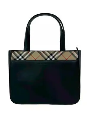 Burberry Nova Check Trimmed Leather Handbag - Black