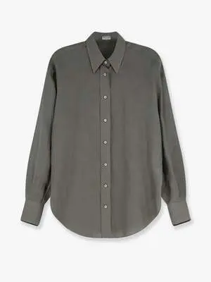 Brunello Cucinelli Linen Shirt With Monili Trim - Brown