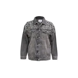 SANA T Hand Crafted Rhinestone Royalty Denim Jacket - Grey