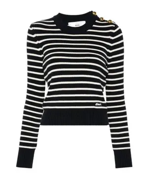 Ami Button Embellished Crewneck Knitted Jumper - Black