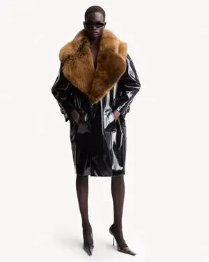 Saint Laurent Cocoon Coat In Lacquered Canvas And Shearling