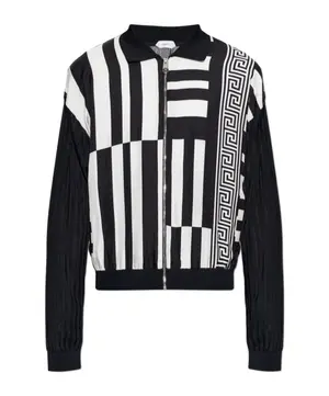 Versace Printed Silk Inserts Knit Zip Cardigan - Black