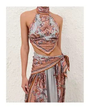 Zimmermann Aster Scarf Halter Top - Blue Paisley Pattern
