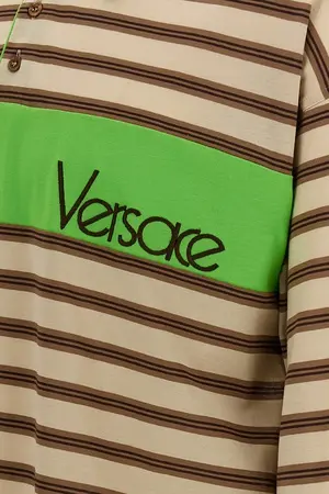 Versace Embroidered-logo Striped-intarsia Cotton Polo Shirt - Nude
