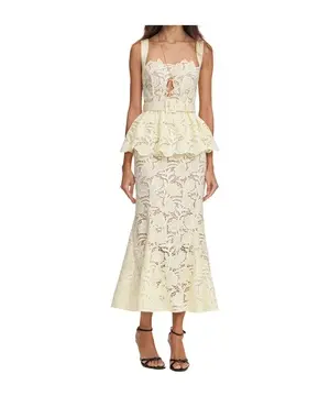 SELF-PORTRAIT Lace Peplum Midi Dress - Yellow