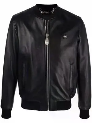 Philipp Plein Sheepskin Leather Bomber Jacket - Black