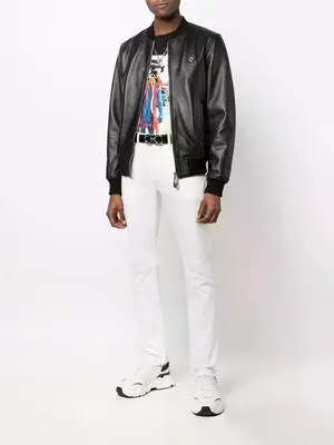 Philipp Plein Sheepskin Leather Bomber Jacket - Black