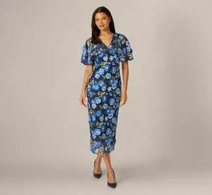 Adrianna Papell Floral Embroidered Midi Dress With Cape Sleeves - Blue Multi
