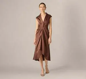 Aidan Mattox Twist Front Satin High Low Midi Dress - Espresso