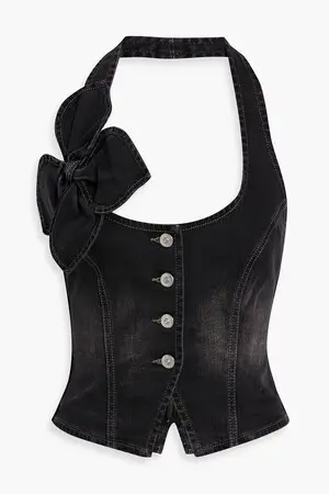 AREA Floralappliquéd Denim Halterneck Top - Black