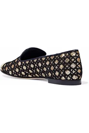 GIUSEPPE ZANOTTI Embroidered Glittered Leather Loafers - Black