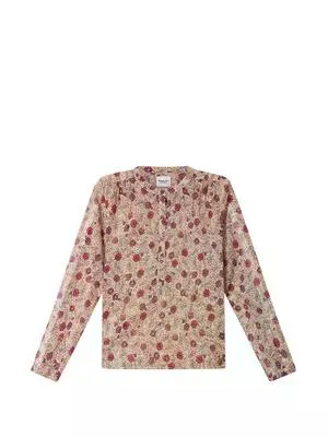 MARANT ETOILE Beige Cotton Floral Print Henley Top - Neutrals