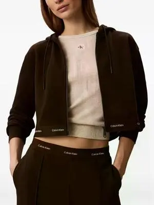 Calvin Klein Logo-tape Cropped Zip-up Hoodie - Brown