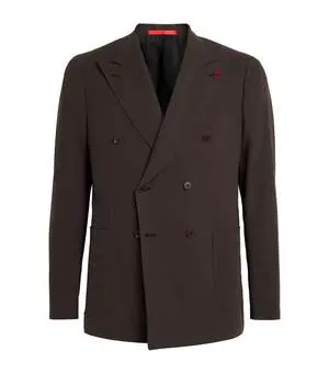 Isaia Linen Double-breasted Blazer - Brown