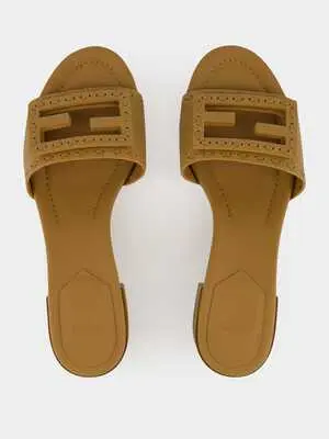 Fendi Baguette Heeled Leather Slides - Brown