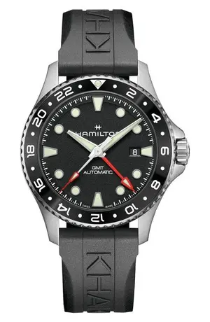 Hamilton Khaki Navy Gmt Automatic Watch With Rubber Strap - Black