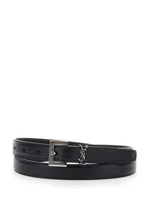 Saint Laurent Belt With Cassandre Plate On The Front And Square Buckle In Leather For - Black