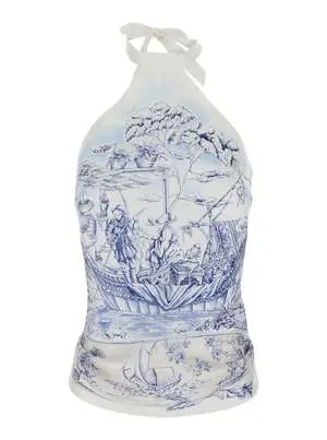 FERRAGAMO Blue Sleeveless Top With Halterneck And All-over Print In Silk For - Multicolor