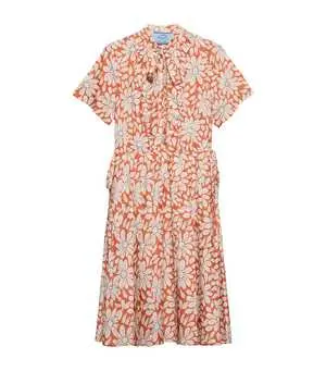 Prada Floral Print Pleated Midi Shirt Dress - Orange