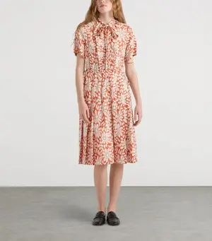 Prada Floral Print Pleated Midi Shirt Dress - Orange