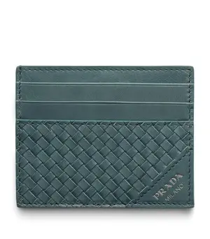 Prada Leather Woven Card Holder - Blue