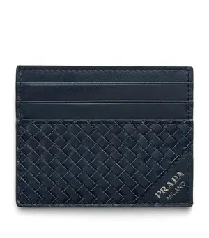 Prada Leather Woven Card Holder - Blue