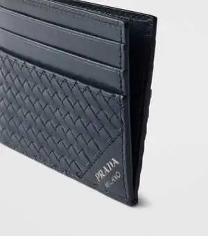 Prada Leather Woven Card Holder - Blue